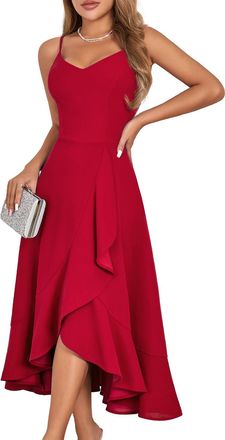 Dresstells Cocktailkleid Damen Festlich Tr&auml;ger Hochtief Kleid f&uuml;r Hochzeit Rot Knielang Weihnachtsfeier Kleider R&uuml;ckenfrei Curvy Elegantes Partykleid Red XL