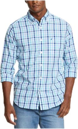 Nautica Herren Knitterfreies Langarm-Shirt mit Knopfleiste Hemd mit Button-Down-Kragen, Weiß/Blau/Grün, L