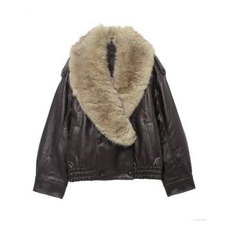 Generic Veste en cuir intemporelle &agrave; col en fausse fourrure for femmes, veste de moto classique et d&eacute;contract&eacute;e de Style motard, manteau chaud dext&eacute;rieur dhiv