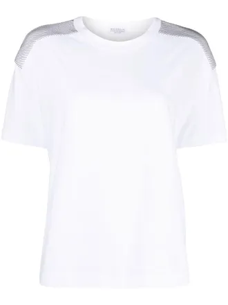 Brunello Cucinelli t-shirt &agrave; bordure de perles - Blanc