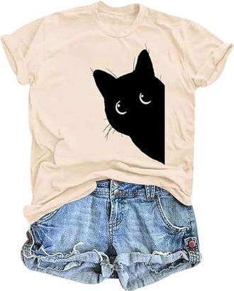 Generic T-shirt chat noir 2025 pour femme - Coupe ample tendance - Pour sortir - T-shirt graphique d&eacute;contract&eacute; d&eacute;t&eacute; - Lettre printemps 2025 - T-shirt mignon &agrave;