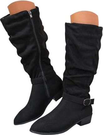 Generic Bottes hautes décontractées dhiver pour femme 2025 - Respirantes - Large mollet - En daim froncé - Confortables - À talons bas - Antidérapantes - Bout