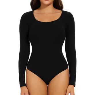 Joyshaper Damen Langarm Body U-Ausschnitt Bodysuit Top Stringbody Basic Unterziehbody Longsleeve Shirt f&uuml;r Frauen Schwarz M