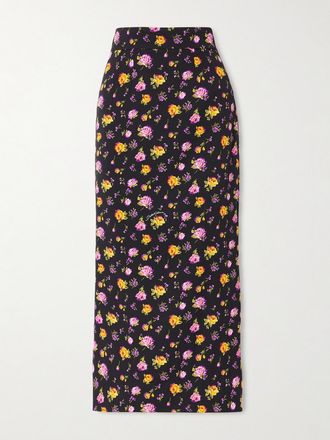 Dolce & Gabbana Jupe Midi En Charmeuse De Soie Mélangée À Imprimé Fleuri Et À Plis - Noir