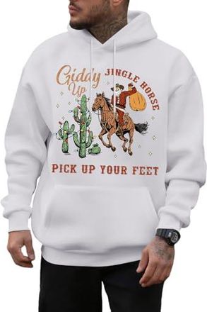 Generic Sweat &agrave; capuche de No&euml;l pour homme | Cowboy Santa Oversize - Sweat &agrave; capuche &agrave; manches longues pour lautomne | pour v&ecirc;tements de rue, blanc, 3XL