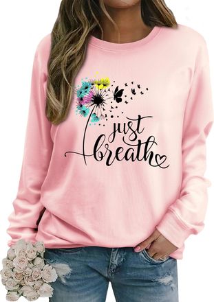 Dresswel Damen L&ouml;wenzahn Sweatshirt Langarmshirt Just Breath Pusteblume Schmetterling Drucken Pullover Herbst Winter Bluse Tops Oberteile