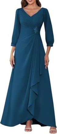 Generic Robe de mère de la mariée en mousseline de soie plissée à manches 3/4 pour femme, bleu sarcelle, 56 Grande taille