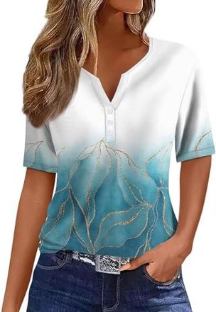 Generic Générique Tenue De Sport Femme,Chemisier T-Shirt Femme Imprimé Bouton Manches VêTements Femme Courtes Col en V Haut Tenue De Sport Femme Tunique Femme