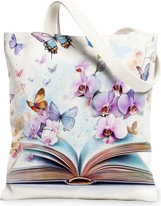 Generic Sac fourre-tout en toile motif orchid&eacute;es printani&egrave;res pour le shopping, 33 x 38,1 cm, sac d&eacute;picerie r&eacute;utilisable pour femme, peinture de voyage floral