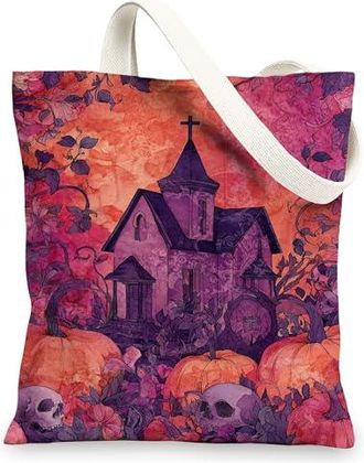 Generic Sacs fourre-tout vintage en toile artistique, motif citrouille dHalloween, sacs dépicerie réutilisables, légers et lavables avec bandoulière, Violet, 