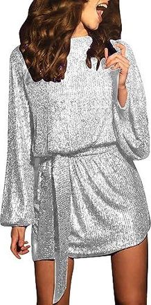 Generic Femmes Solide Automne Hiver Col Rond Manches Longues Robe Paillettes Robe de Soir&eacute;e Grande Taille Robes &Eacute;paules D&eacute;nud&eacute;es, Argent&eacute;., XXL