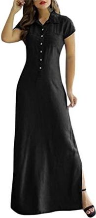 ORANDESIGNE Robe Été Femme De Plage Rétro Denim Robes Col V Casual Tuniques Ample Chemise Longue Chemisier en Jean Maxi Robe K Noir 48