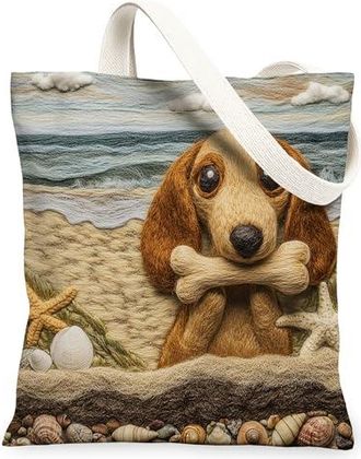 Generic Sac fourre-tout amusant en toile motif teckel pour faire du shopping, 33 x 38,1 cm, sac d&eacute;picerie r&eacute;utilisable pour femme, peinture danimaux domestiqu