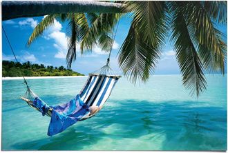 Reinders Poster, H&auml;ngematte am Strand, Schlafzimmer, Poster, Wanddeko, Room Decor, 150 gr. gl&auml;nzend Bilderdruckpapier, Blau, 61 x 91,5