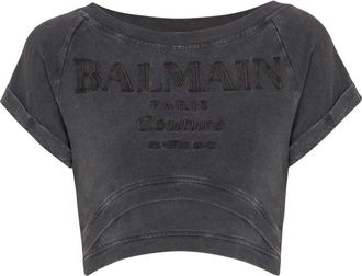 Balmain Cropped-T-Shirt mit Couture-Stickerei - Grau