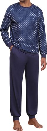 Ekouaer Herren Schlafanzug Lang Pyjama Set Winter Männer Langarm Oberteil und Schlafanzughose Mit Taschen Zweiteiliger,Blau,3XL