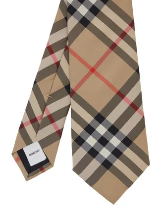 Burberry Mens Tie With Check Motif, Beige Silk Ties & Bow