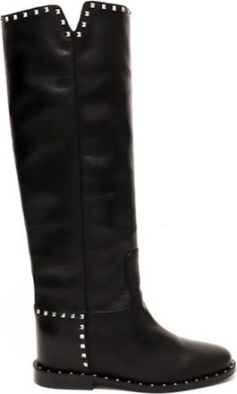 Via Roma 15 Stiefel - High Black Leather Boots With Silver Stud Accents - Gr. 37,5 (EU) - in Schwarz - für Damen