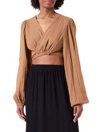 Pieces Damen Pcastina Ls Wrap Crop Top New Tie Sww Bc Wickeltop, Toasted Coconut,M