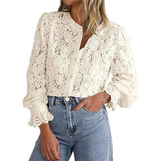 Generic Chemisiers d&eacute;contract&eacute;s en dentelle &agrave; manches longues pour femmes, hauts &agrave; col montant, v&ecirc;tements de mode dautomne, 2 Petits, beige, XL