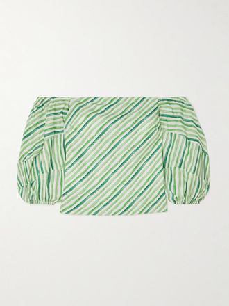 Rosie Assoulin Schulterfreie Bluse Aus Einer Gestreiften Mischung Aus Tencel Lyocell Und Leinen - Gr&uuml;n