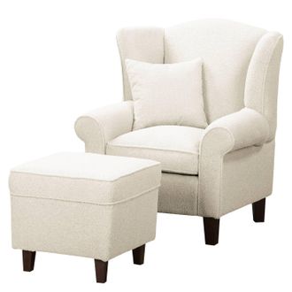 Maison Belfort home24 Ohrensessel Wei&szlig; Boucl&eacute; Stoff Nola mit Hocker 80 x 95 x 78cm