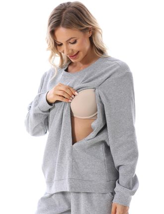 Feoya Frauen Baumwolle Rundhals Umstandsshirt Mutterschaft Langarm Stillpulli Rei&szlig;verschluss Stillpullover Fr&uuml;hling Herbst Warm Still Sweatshirt 3XL