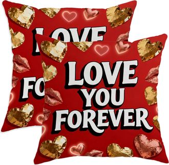 Generic Herzen, Romantische, Verspielte K&uuml;sse, Text In Rot Dekokissen Weich Zierkissenbez&uuml;ge Atmungsaktiv Kissenbezug F&uuml;r Balkon Hotel Bett 45X45Cm 2Er Set