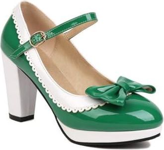 Generic Femmes Vintage Mary Jane Chaussures Chunky Bloc Talon Robe Pompes Arc Rétro Talons De Mariée,Vert,45 EU