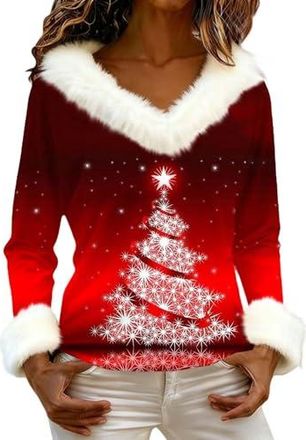 Generic Sweat-shirt de Noël pour femme avec bordure en fausse fourrure et col en V - Haut de Noël amusant - Père Noël - Verre à vin - Pull graphique, Z05-Noël