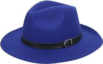 Generic Chapeau Panama en laine &eacute;crasable &agrave; large bord avec ceinture pour femme, bleu, Taille unique