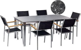 Beliani Gartenm&ouml;bel Set 7-Teilig Schwarz Edelstahl 6 St&uuml;hle Polyester Tisch 180x90 cm Sicherheitsglas Keramik Gartenausstattung Terrasse Outdoor Indoor