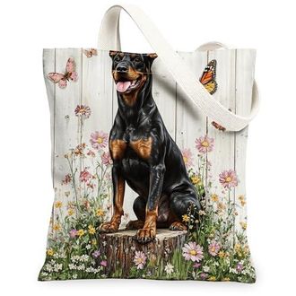 Generic Spring Doberman Sac fourre-tout en toile pour faire du shopping 33 x 38,1 cm, sac d&eacute;picerie r&eacute;utilisable pour femme, animal de compagnie, peinture, d&eacute;