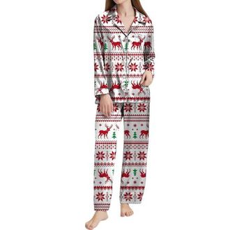 Generic Joli pyjama de Noël pour femme, pyjama en soie à manches longues pour femme, chemise de nuit boutonnée et jambe large, vêtement de détente en satin de