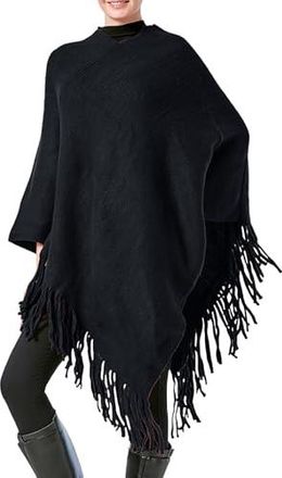 Generic Poncho dhiver et dautomne pour femme avec col en V - Pull en tricot solide - Cape l&eacute;g&egrave;re et &eacute;l&eacute;gante avec franges pour femme, Noir, Taille unique