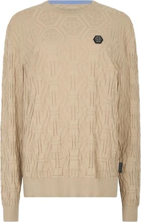 Philipp Plein Homme, Pulls, Beige, Taille: XL Pull Jacquard Col Rond Monogramme