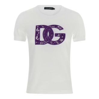 Dolce & Gabbana Femme, Tops, Blanc, Taille: 42 FR T-shirt en jersey avec incrustation de dentelle