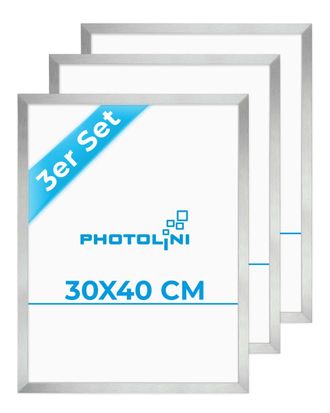 Photolini Bilderrahmen 30x40 Holz MDF Silber, 3er Set Bilderrahmen 40x30 cm, Picture Frame mit bruchsicherem Acrylglas, Rahmen 30 x 40 zum Aufh&auml;ngen, extra Zube