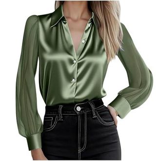 Generic Chemisier &agrave; manches longues en satin vert - Blouses pour femme habill&eacute;e &agrave; manches longues l&eacute;g&egrave;re de luxe &eacute;paules droites respirantes boutonn&eacute;es chemis