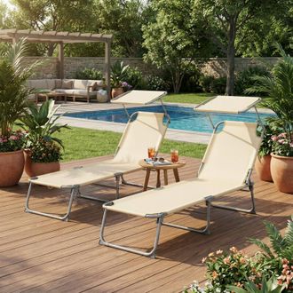 Songmics Transats Pliants Ext&eacute;rieur, Dossier et Pare-Soleil R&eacute;glables, Chaises Longues, pour Balcon, Terrasse, Lot de 2, Beige