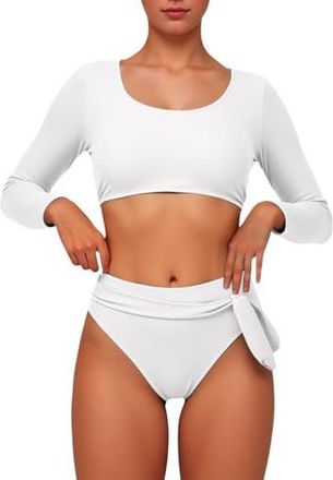 Generic Bikini Femme Deux Pieces Gainant Ventre Plat Maillots de Bain, Haut Court, Bikini Taille Haute, Rashguard, Manches Longues (White, S)
