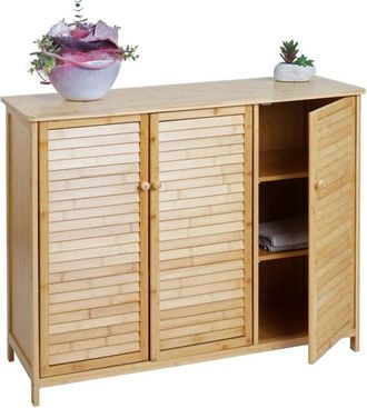 Mendler Armoire de salle de bain HWC-B18 - Armoire de salle de bain Étagère de salle de bain Commode - 3 portes Bambou 81x97x34cm