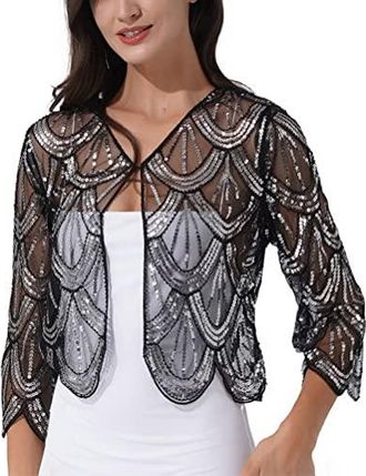 ORANDESIGNE Boléro à Paillettes Cardigan à Manches Longues Femme Boléro Veste de Mariage Soirée Cérémonie Mariée Boléro Etoles Châle Écharpe Haut Cape A Argent Ta
