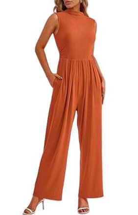 Generic Combinaison dété pour femme, tenue décontractée une pièce, sans manches, col montant, jambes larges, barboteuse avec poches, Orange, XXL
