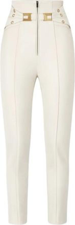 Elisabetta Franchi Femme, Pantalons, Blanc, Taille: 42 FR Pantalon en cr&ecirc;pe stretch double avec bretelles &eacute;lastiques