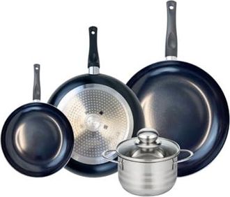 Fackelmann ELO 9746750 Batterie de cuisine 4 pi&egrave;ces, Ensemble de 3 Po&ecirc;les de cuisson 20, 28 et 32 cm et 1 faitout 16 cm Elo Prima Brillant, inox, induction, Noir
