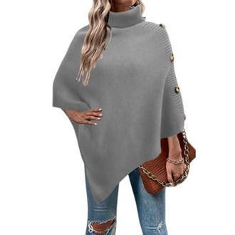 Generic Poncho &agrave; col roul&eacute; pour femme - Automne Hiver - Mode d&eacute;contract&eacute;e - Pull tricot&eacute; - Cape asym&eacute;trique - Pull, gris, Taille unique
