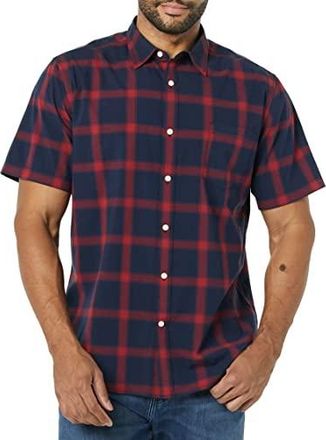 Amazon Essentials Chemise en Popeline à Manches Courtes Coupe Ajustée Homme, Bleu Marine Rouge Carreaux Lainés, XXL