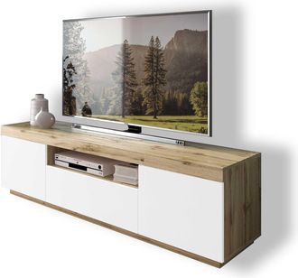 Lukmebel Yoshi TV-Schrank Eiche Wotan wei&szlig;e Fronten Fernsehschrank mit Schubladen und Push to Open System TV- Bank, Sideboard Lowboard Wohnwand