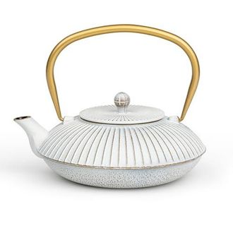 Bredemeijer Asia Th&eacute;i&egrave;re plate blanche &agrave; induction 1,1 l - Petite th&eacute;i&egrave;re en fonte &eacute;maill&eacute;e avec filtre &agrave; th&eacute; en acier inoxydable